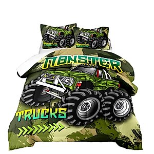 3D Blue Monster Truck Bedding Set for Kids, Cartoon Car Ultra Soft All Seasons Comforter Set Monster Car Theme Bed Set 1 Comforter 2 Pillowcases (Blue, Twin)