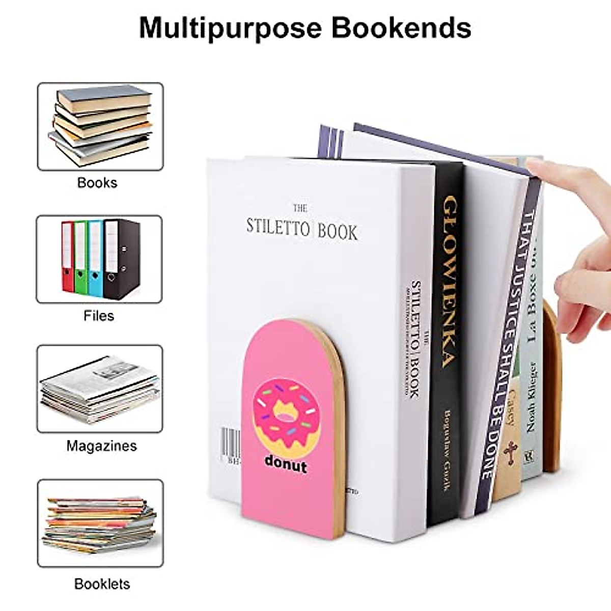 Cartoon Donut Wood Book Ends for Shelves Non-Skid Bookend Book Stand Book Holder Stopper for Home Office School