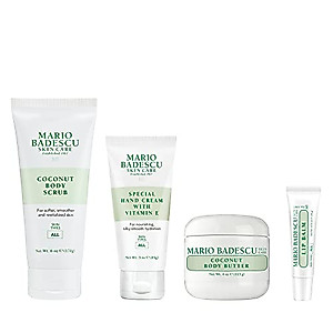 Mario Badescu Best of Body Essentials 4 Piece Kit, Skincare Gift Set Includes Lip Balm, Coconut Scrub, Coconut Body Butter & Special Hand Cream With Vitamin E