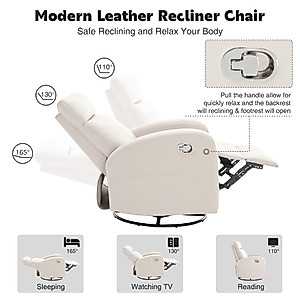 HOMYKA Swivel Rocker Recliner, Manual Glider Rocking Recliner Chair, Leather Swivel Reclining Lounge Chair Nursery Glider Recliners for Small Spaces, Living Room, Beige