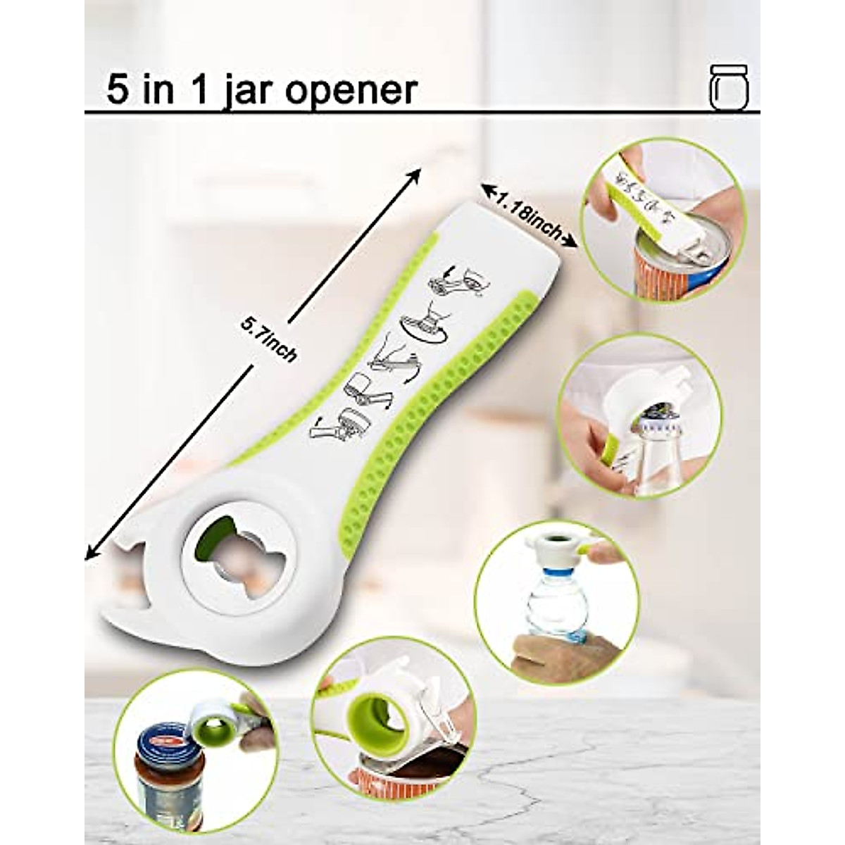 4 Pack Jar Opener for Weak Hands,Jar Opener for Seniors with Arthritis，with 5 in 1 Bottle Opener, 4 in 1 Can Opener, Jar Gripper Pad and Bottle Opener Keychain (White green)