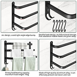3 Tier Towel Bars, JiGiU Triple Towel Hanger Rack Aluminum Towel Holder with 5 Hooks, 3-Tier Ladder Adhesive Towel Rack Storage Organizer Wall Mounted Space Saving for Bathroom Kitchen Hotel,Black