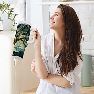 Jihqo Fairy Tales Glowing Tree 40 oz Stainless Steel Vacuum Insulated Tumbler with Handle and Straw Lid, Leakproof Water Bottle Double Wall Travel Mug Coffee Cup, Cupholder Friendly