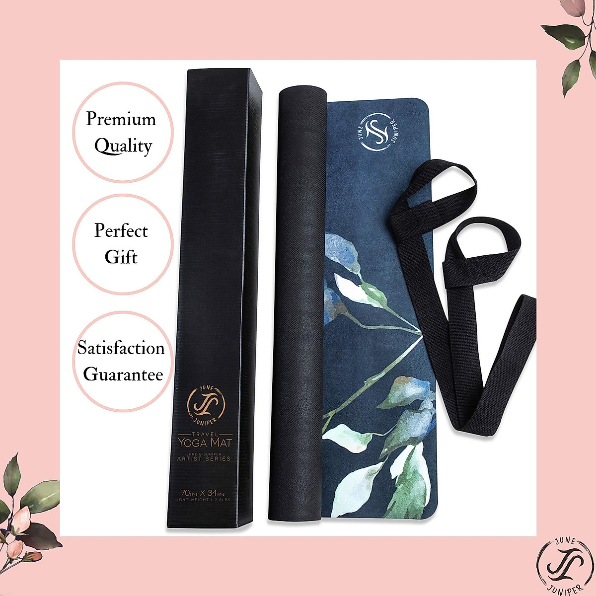 June & Juniper Travel Yoga Mat Foldable Lightweight - Thin Light Non-Slip Travel Yoga Mat Eco (Secret Garden)