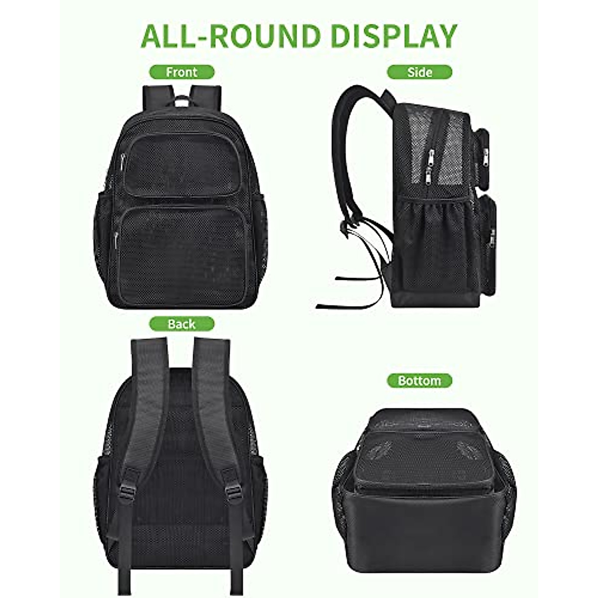 MAY TREE Mesh Backpack for School with Inner Laptop Compartment, Heavy Duty Mesh Backpacks for Adults Girls Boys Kids with Padded Shoulder Straps, Large Mesh Backpack for Travel Beach Hiking - Black
