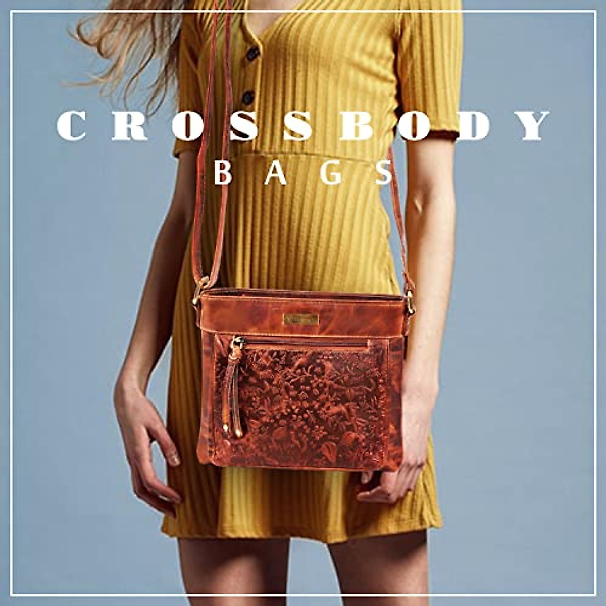 LEVOGUE Genuine Leather Crossbody Handbag for Women - Shoulder bag for Womens Handmade by VALENCHI (Cognac Vintage-Flower)