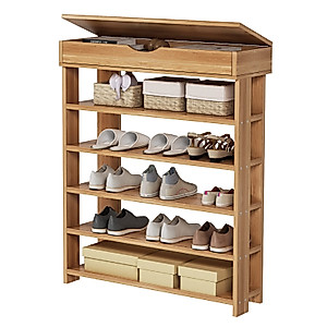 soges 5 Tiers Shoe Racks Wood Shoe Storage Shelf Shoes Organizers 29.5inch Shoes Racks for Entryway, with Flip Top Storage, Teak