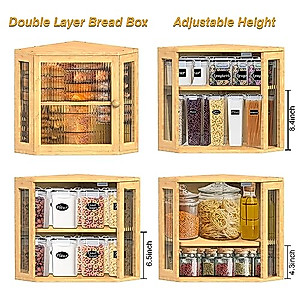 RYLTKISS Corner Bread Box–Extra Large Bread Box for Bread Storage-Durable Bamboo Wood Bread Box for Kitchen Countertop-Double Bread Container with Adjustable Height, Modern Bread Box Easy To Assemble