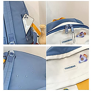 Moaneji 16" Cute Soft Canvas Hiking Backpack with Pins Aesthetic Back Pack Fashion Daypack with Hanging Bear Fancy Travel Shoulder Backpack Lightweight Travel Bag (Yellow And Blue)