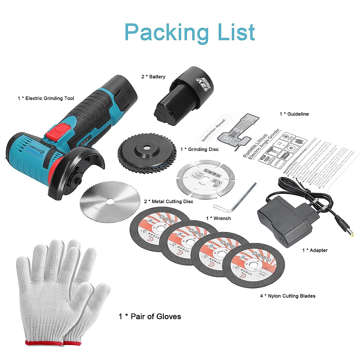 Angle Grinder, Geevorks Grinders Power Tools 12V 19500RPM, Mini Angle Grinder Cordless with 2PCS 1500mAh Battery/Nylon Cutting Blade-s/Grinding Disc/Metal Cutting Disc, Blue