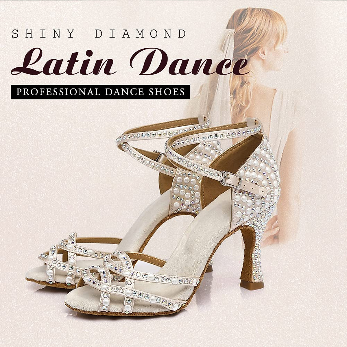 TINRYMX Latin Dance Shoes Women Rhinestones Tango Salsa Performance Ballroom Party Dance Shoes,US 8.5