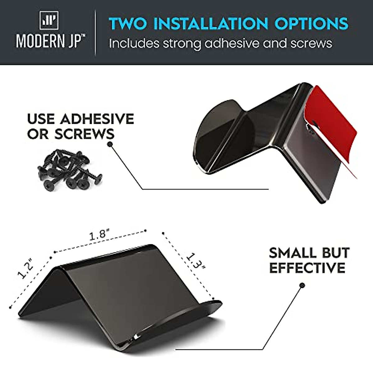 Modern JP Metal Adhesive Hat Hooks for Wall (12-Pack) - Optional Screws Included, Minimalist Hat Rack for Wall, Strong Hold Hat Hangers for Wall - Stainless Steel, Chrome Black