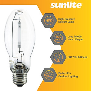 Sunlite 03600-SU LU35/MED High Pressure Sodium Light Bulb, 35 Watts, ED17/MED, Medium Base (E26), ANSI Code S76, 2250 Lumen, 16000 Life Hours, Clear, 2100K