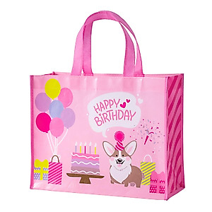 WRAPAHOLIC Large Reusable Birthday Gift Bag with Handles - 10 x 5 x 13 inch - Adorable Corgi Dog Happy Birthday