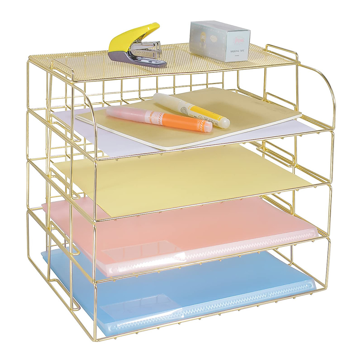 LEORISO 4-Tier Stackable Letter Tray, Gold Desk Organizer, Metal File Organizer Tray, Paper Holder Rack, Desk Accessories for School Home Office Supplies