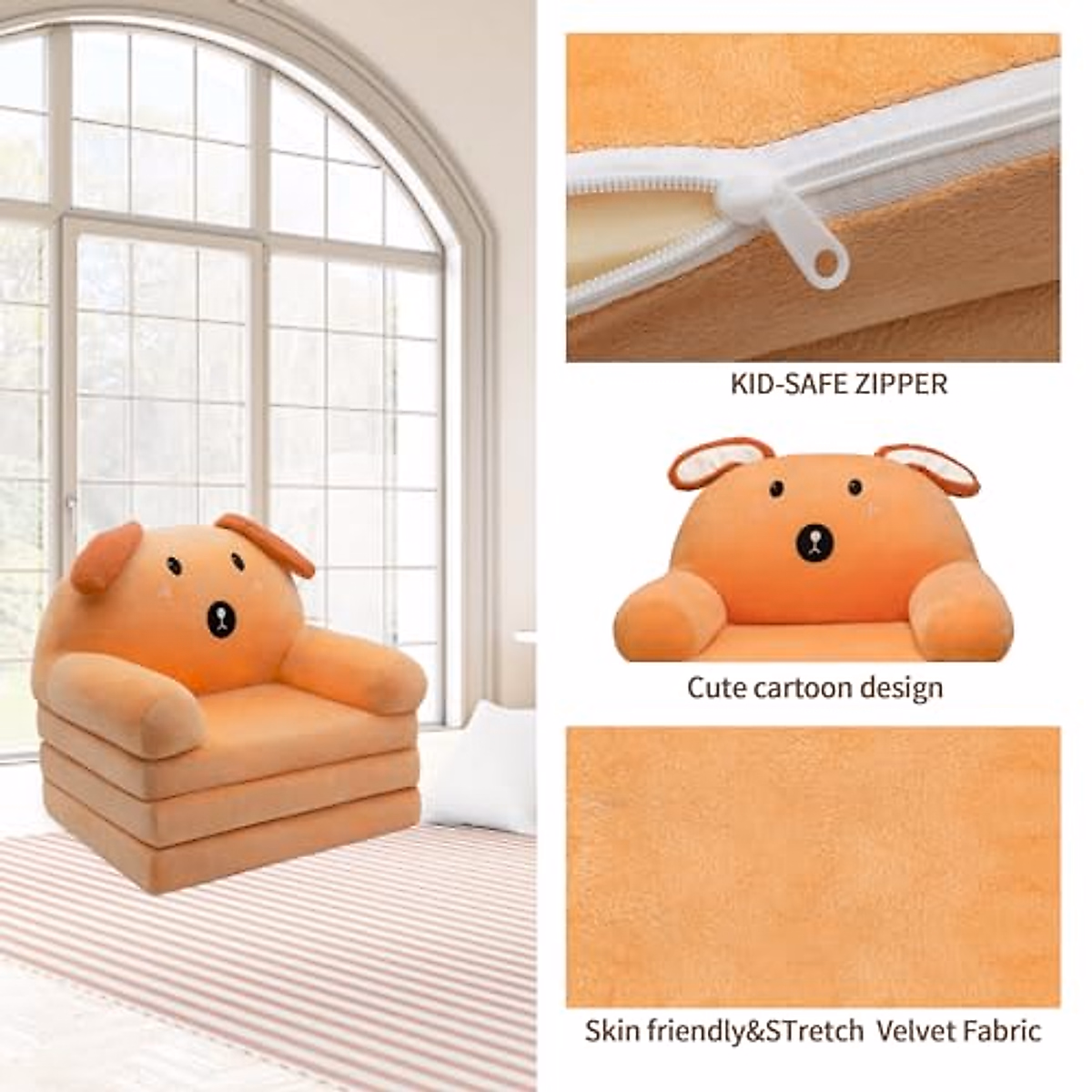 Toddler Chair Kids Sofa - Toddler Sofa Kids Couch Fold Out, 2 in 1 Flip Out Couch and Mini Sofa for Girls and Boys, Baby Couch for 1-4 Year Olds - Cute and Comfy Baby Sofa (Brown Dog)