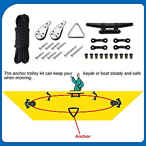 Yetaha Kayak Canoe Anchor Trolley Kit, 30Feet Nylon Rope Cleat Ring Pulleys Snap Hook Camel Back Screw Rivets Accessories for Kayak Canoes Boat