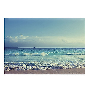 Ambesonne Tropical Island Cutting Board, Ocean Waves on Seychelles Beach at the Sunset Time Skyline, Decorative Tempered Glass Cutting and Serving Board, Large Size, Turquoise Sky Blue Umber