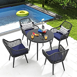 Patiorama 5-Piece Patio Dining Set, Outdoor Dining Table Chair Set, All-Weather Twisted Rattan Wicker Rope Conversation Set, Patio Furniture Set w/Umbrella Hole, 4 Cushioned Chairs&Glass Table(Blue)
