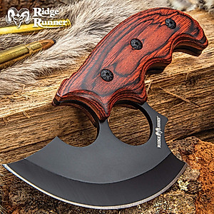Ridge Runner Modified Ulu Knife with Sheath - Non-Reflective Curved Stainless Steel Blade, Reddish-Brown Wooden Handle Scales, Nylon Belt Sheath -Unique Blade for Hunters - 6 1/2" Overall