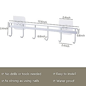 2 Pack Adhesive Wall Hooks Rack Kitchen Rail, Space Saving Heavy Duty Hanger with 6 for Bathroom Bedroom Closet, Utensil Hanging Knives, Spoon, Towel (White), 32x6x2.5cm/12.6 x2.36 x1inch