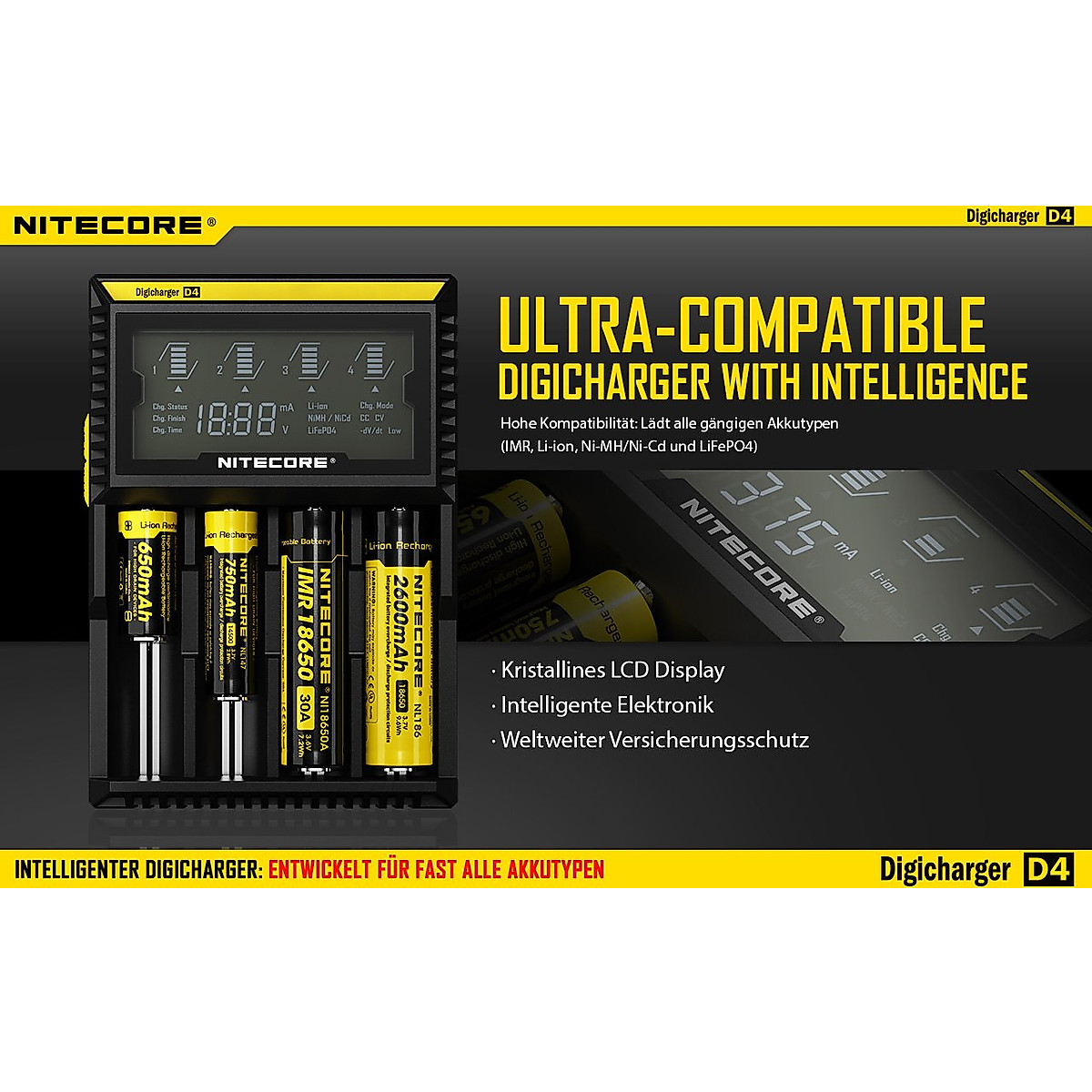 Nitecore Digicharger D4 Battery Four Bays Charger with LCD Display
