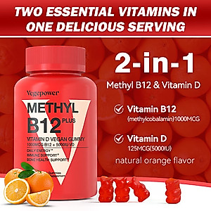 Vegan Vitamin B12 Gummies with Vitamin D - 90 Count I 1000 MCG Methyl B12 & D3 5000 IU Chewable Gummies Supplements for Adults & Kids - Supports Bone Health & Daily Energy Boost - Non-GMO, Orange