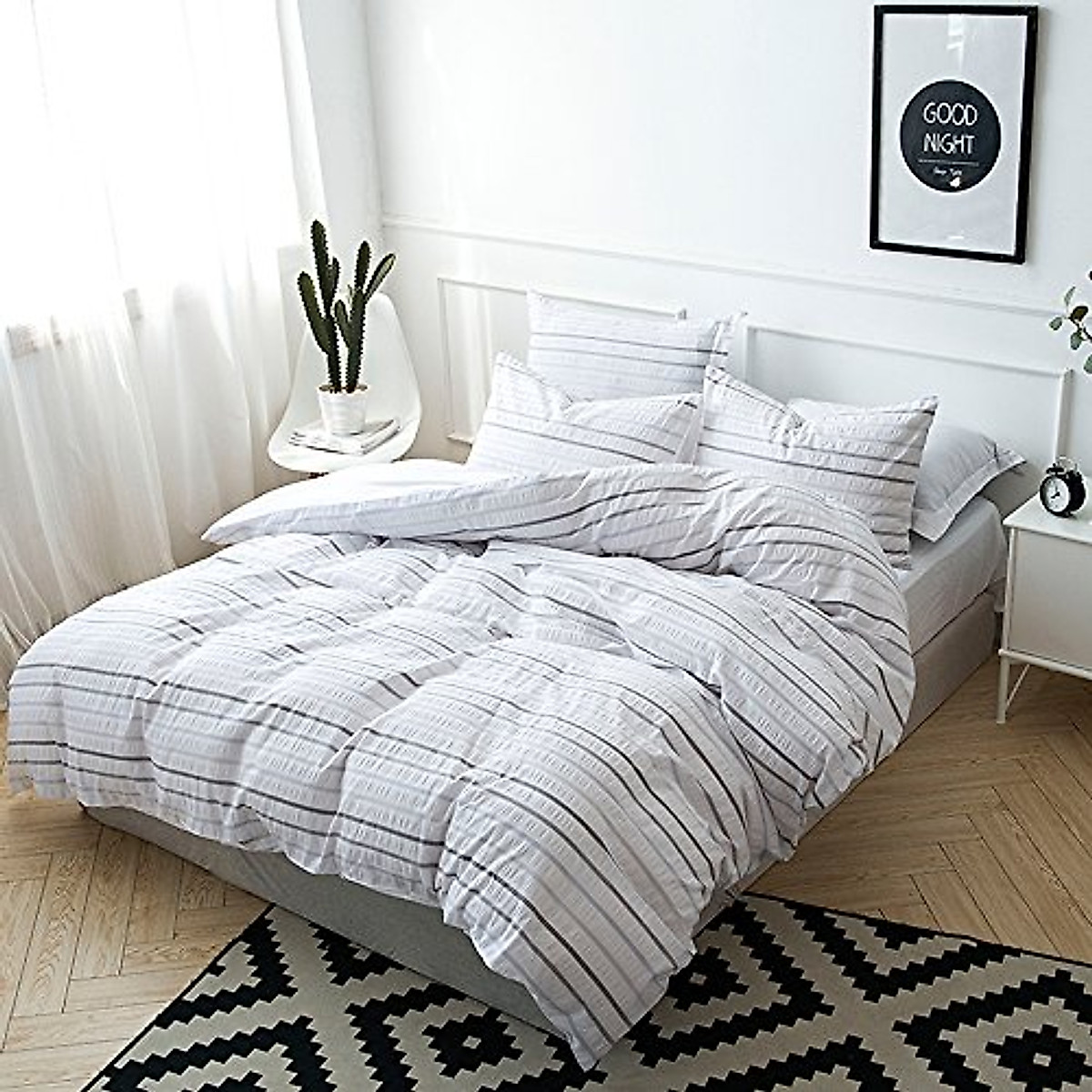 Merryfeel Seersucker Duvet Cover Set Queen Size, 100% Cotton Yarn Dyed Seersucker Stripe Duvet Cover with Pillowshams,3 Pieces Bedding Set - Full/Queen