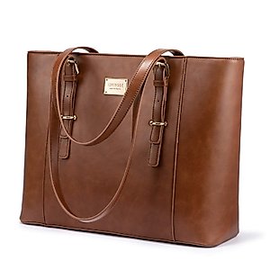 LOVEVOOK Laptop Bag for Women, Structured Leather Computer Bag, Professional Work Tote Purse, Teacher/Attorney’s Choice, Retro-Brown