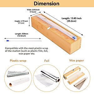 BoxThink Bamboo Wood Plastic Wrap Dispenser with Slide Cutter Also for 12 inch Aluminum foil, Parchment Paper, Cling Wrap Dispenser Sturdy and Reusable (12inch With Slide Cutte)