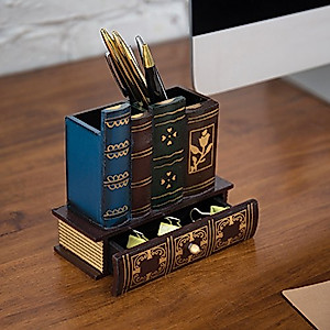 MyGift Decorative Desk Organizer Caddy, Pencil and Pen Holder with Bottom Storage Drawer and Antique Library Books Design