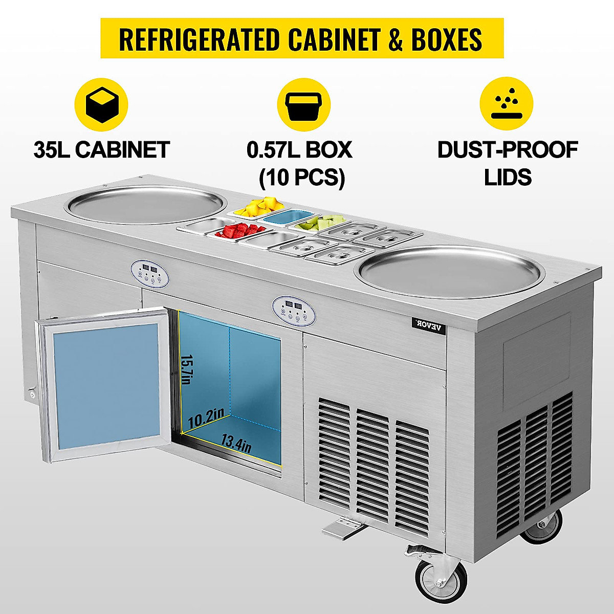 VEVOR Commercial Rolled Ice Cream Machine, 2800W Stir-Fried Ice Cream Roll Maker 2 Pans, Stainless Ice Cream Roll Machine w/Refrigerated Cabinet 10 Boxes, Yogurt Cream Maker for Bar Café Snack Stand