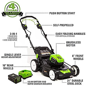 Greenworks Pro 80V 21-Inch Brushless Self-Propelled Lawn Mower 4.0Ah Battery and Charger Included, MO80L410