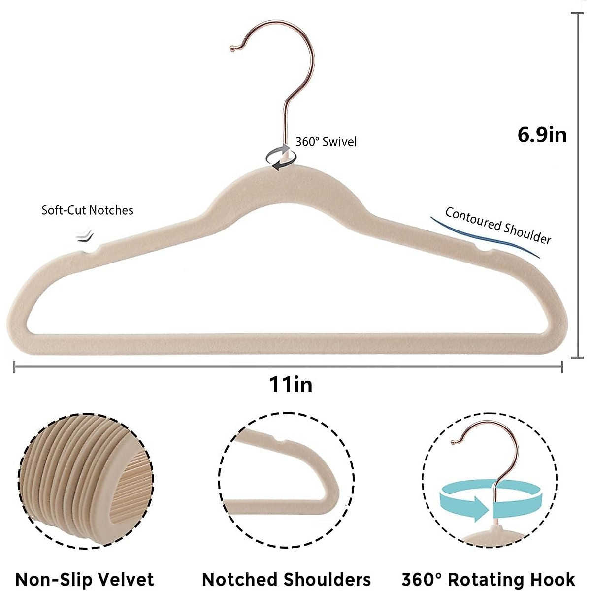 Tonswachic Baby Velvet Hangers 30 Pack - 11'' Inch Premium Non Slip Kids Felt Hangers for Clothes - Ultra Thin Baby Felt Hangers for Toddler Kids' Closet with 10 Hanger Clips - Beige