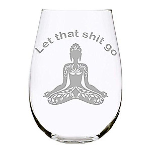 C & M Personal Gifts Buddha Engraved Stemless Wine Glass (Pack of 1) –Yoga Wine Glass, Let that Sh** Go Funny Glass, 17 Oz Glass Gift for Him or Her, Made in USA
