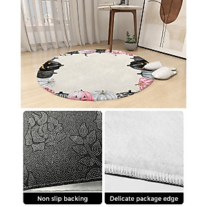 Halloween Fluffy Round Area Rug Carpets 3ft, Plush Shaggy Carpet Soft Circular Rugs, Non-Slip Fuzzy Accent Floor Mat for Living Room Bedroom Nursery Home Decor Pink Black Horror Pumpkin Plaid Dot