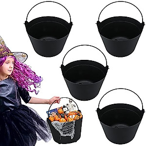 Roshtia Halloween Plastic Black Cauldron Pot with Handle Large Witch Cauldron Halloween Basket Candy Bowl Decoration Black Cauldron Trick or Treat Bucket Kettle for Party Favor(9 Inch, 4 Pcs)