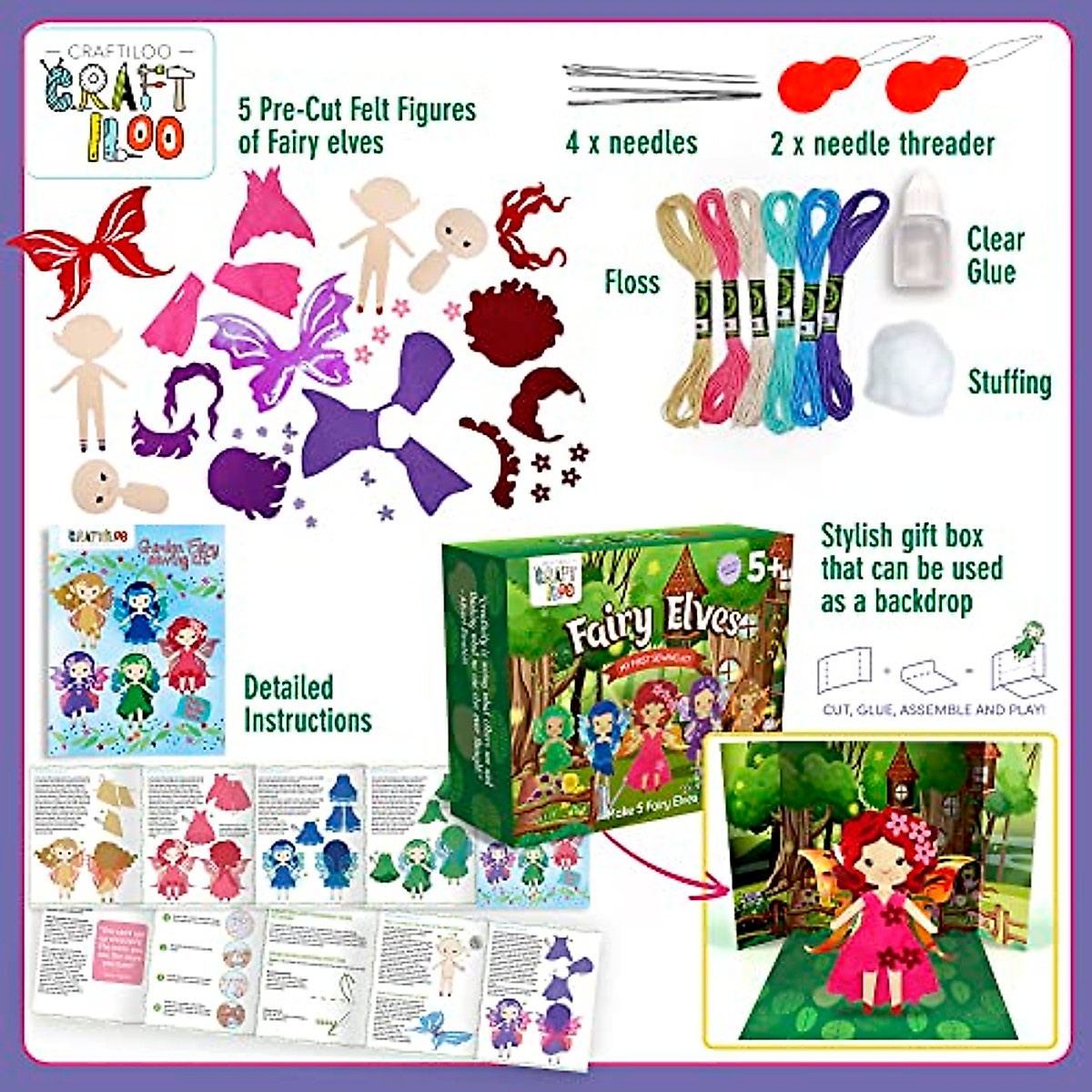CRAFTILOO Fairy Elves Sewing Kit for Kids, Fun and Educational Fairytale Craft Set for Boys and Girls Age 7-12, Sew Your Own Felt Fairy Craft Kit for Beginners (Garden Rainbow Fairies Kit)