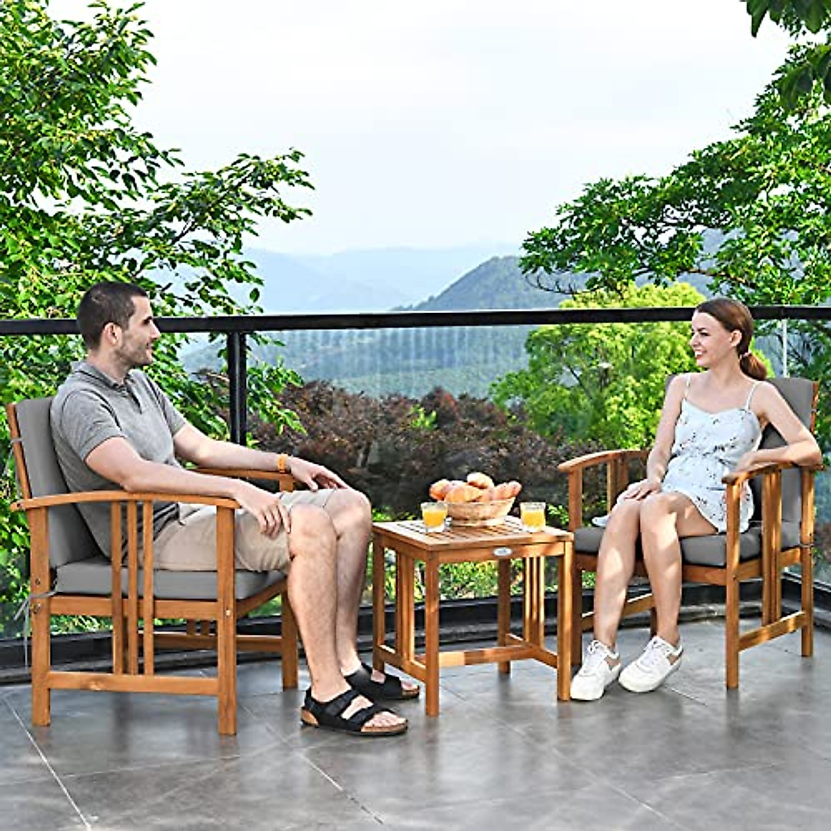 Tangkula 3 Pieces Patio Furniture Set, Includes Set of 2 Outdoor Acacia Wood Cushioned Chairs and Coffee Table, for Garden, Backyard, Poolside, Bistro and Deck, Patio Conversation Chat Set (Gray)
