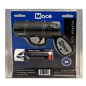 Mace Brand Pepper Spray Gun with Strobe LED (Matte Black) — 20’ Powerful Pepper Spray, Leaves UV Dye on Skin, Integrated LED Light Enhances Aim — Mace Self Defense Spray for Women/Men, Made in the USA