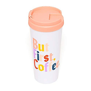 ban.do Hot Stuff Insulated Thermal Travel Mug Tumbler, 16 Ounces, But First Coffee (Multi)