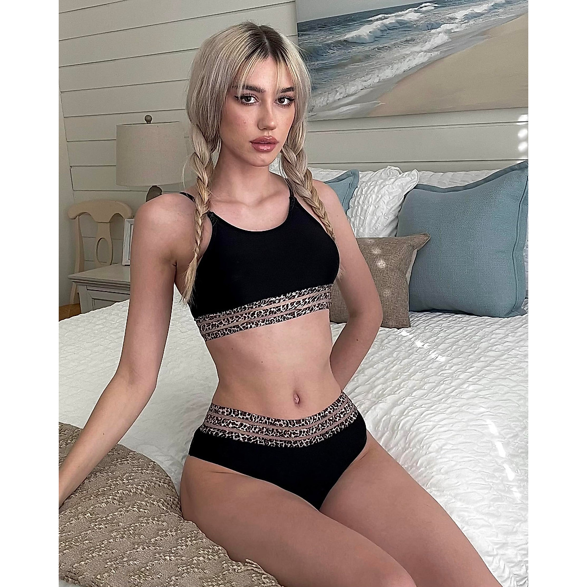 Herseas Women's Black Bikini Sets Color Block Leopard Mesh Trim 2 Piece Swimsuit Scoop Neck High Waisted Adjustable Spaghetti Straps Push Up Bathing Suit Large 12 14