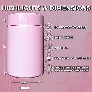 Stash Jar Smell Proof Container (500mL) for Herbs, Spices, Coffee, Teas & More, Double Sealed Air Tight Jar, Thick UV Protection Glass, Smell Proof Herb Storage, x2 Resealable Smell Proof Bags (Pink)