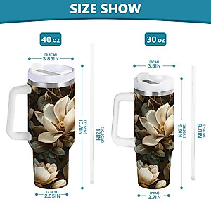 Msyxl 30 oz Insulated Stainless Steel Tumbler with Handle and Straw Lid - Leak-proof Coffee Mug for Men Women, Travel Mug Fits Cup Holder (Magnolia Flowers)