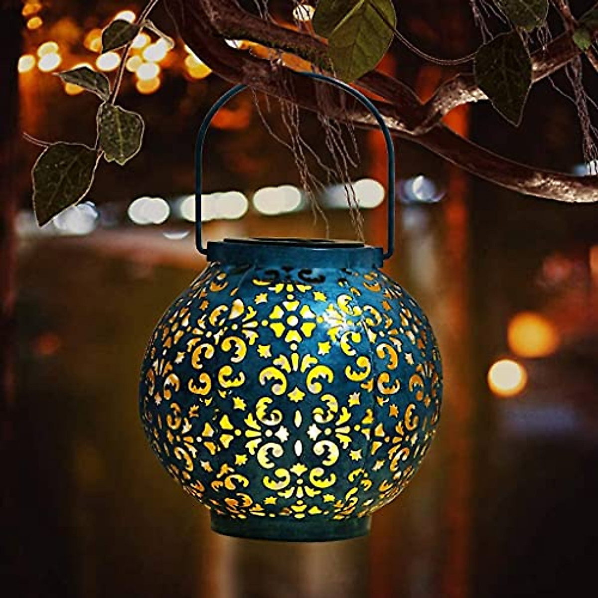 CHYSP Solar Led Iron Art Hollow Lantern Light Outdoor Decorative Lighting Handheld Hanging Lamp for Home Garden Yard Pathway