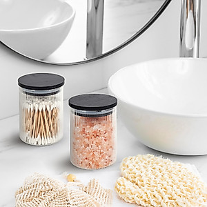 Ribbed Glass Qtip Holder Dispenser Bathroom Jars with Bamboo Lids, Cotton Ball Pad Round Swab Holder for Bathroom Accessories Storage Organizer,Farmhouse Bathroom Decor, Home Decor. (2pcs)