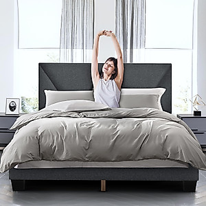 FINATI Queen Bed Frame, Wood Platform Bed Frame Queen Size with Fully Fabric Upholstered Headboard/Mattress Foundation/Strong Wooden 10-Slats Support, Noise Free, No Box Spring Needed, Easy Assembly