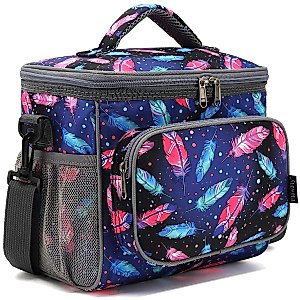 FlowFly Insulated Reusable Lunch Bag Adult Large Lunch Box for Women and Men with Adjustable Shoulder Strap,Front Zipper Pocket and Dual Large Mesh Side Pockets,Feather