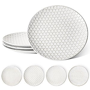 LE TAUCI Dinner Plates 10 Inch, Ceramic Dish Set for Kitchen, Embossed Serving Dish, Microwave Oven Dishwasher Safe, For Housewarming or Wedding - Set of 4, Arctic white