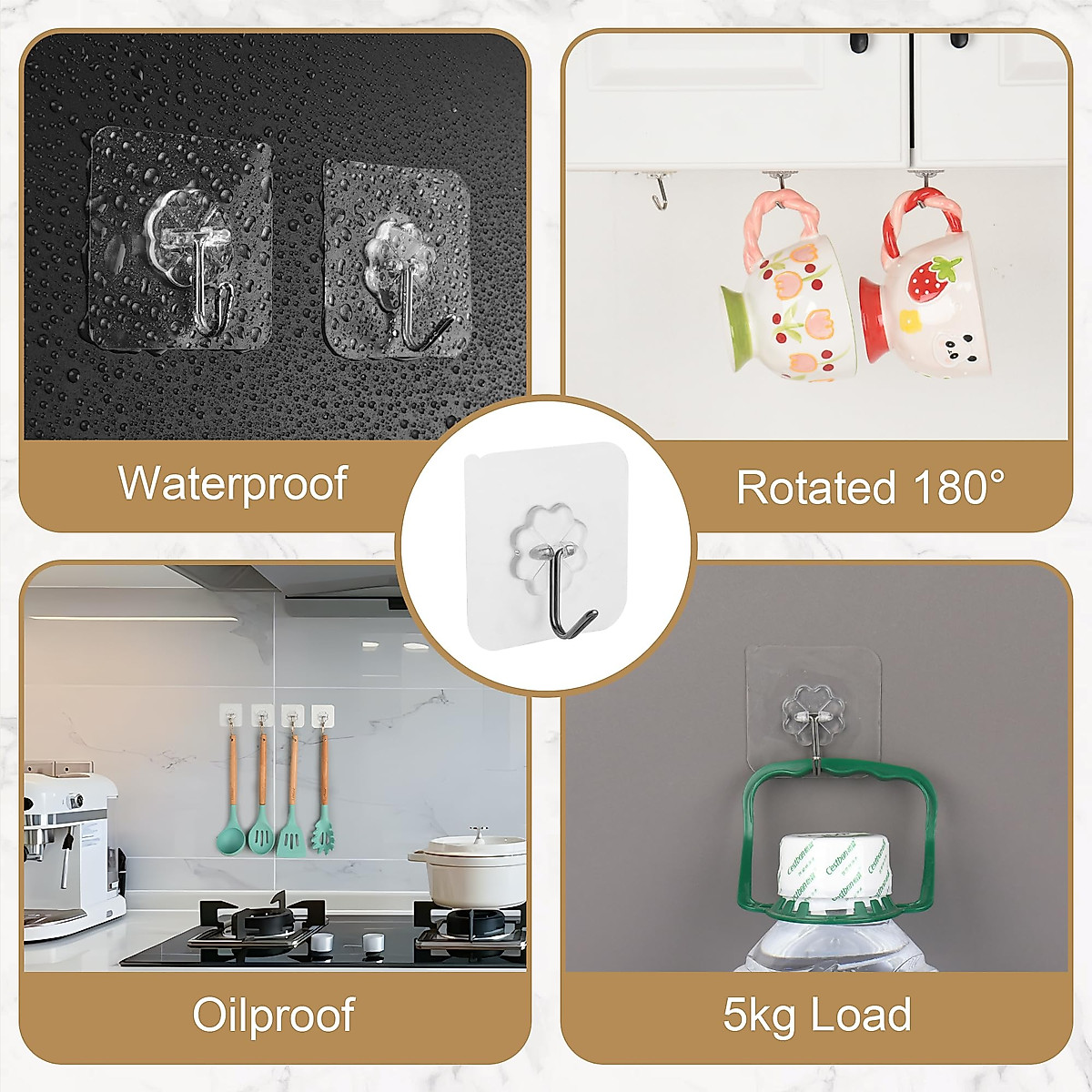 Ninth Five Adhesive Hooks for Hanging Wall Hooks, 22lb Strong Sticky Ceiling Door Hooks, Stainless Steel Transparent Towel Coat Hooks for Home Bathroom Kitchen Outdoor (18)